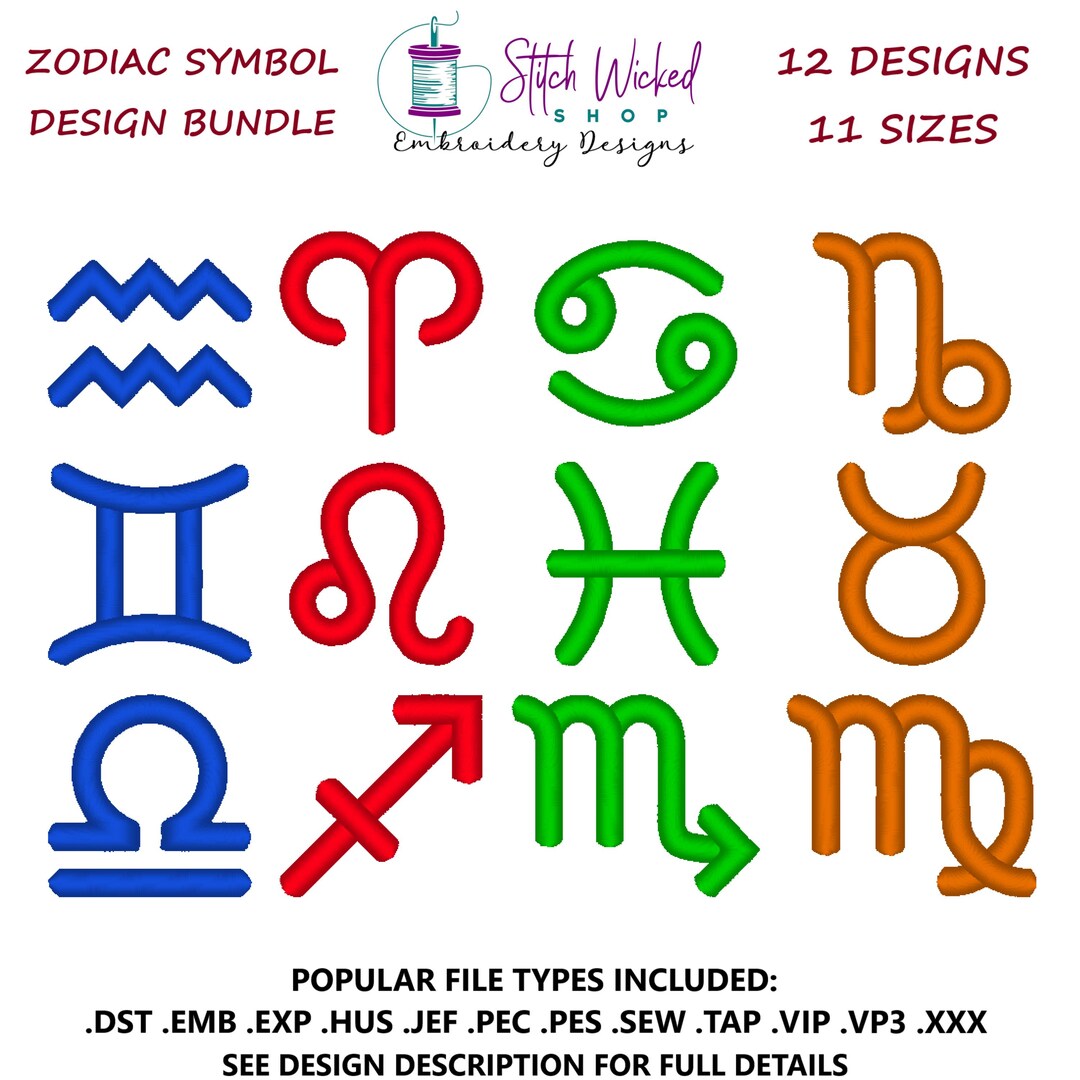 Zodiac Symbol Embroidery Design Bundle, Mini Zodiac Embroidery Designs ...
