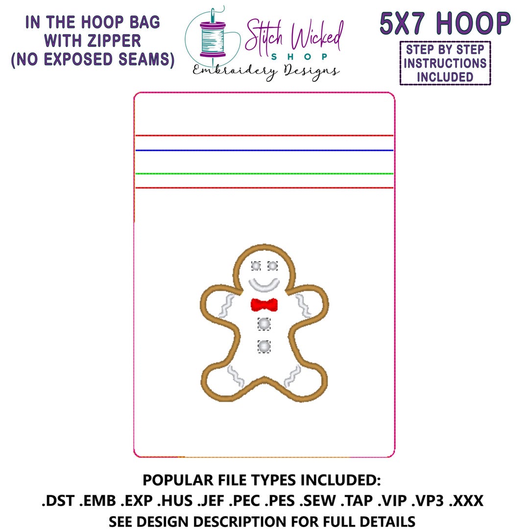 Gingerbread Man in the Hoop Bag Embroidery Design, ITH Zipper Bag, 5 X ...