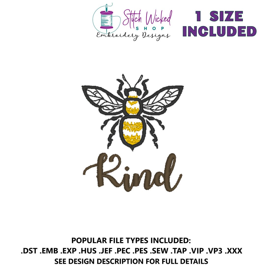 Bee Kind Embroidery Design, Bumble Bee Embroidery Pattern, Machine ...