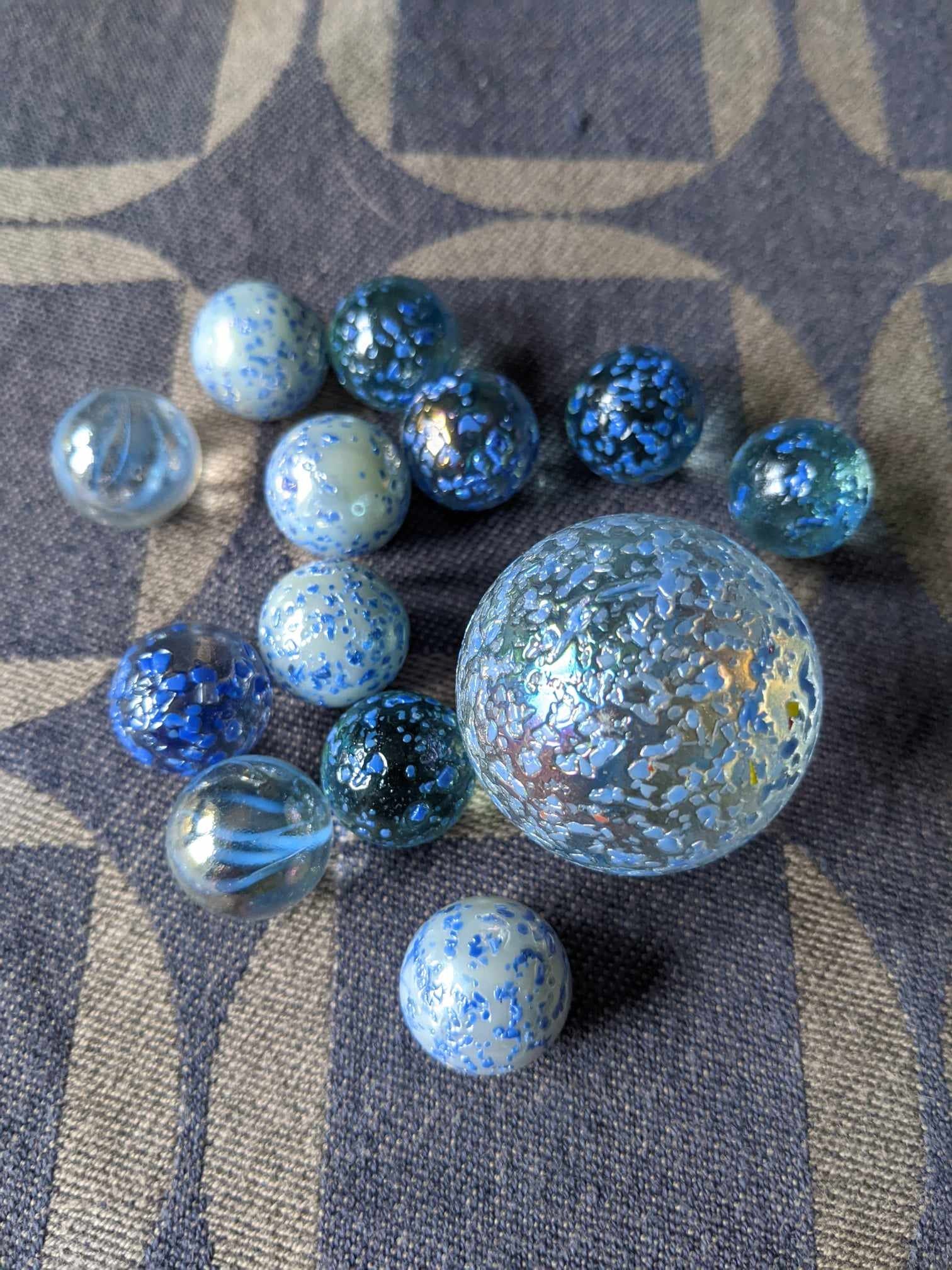 Vintage Glass Marbles, One Large Shooter and 12 Small Blue Mixed ...