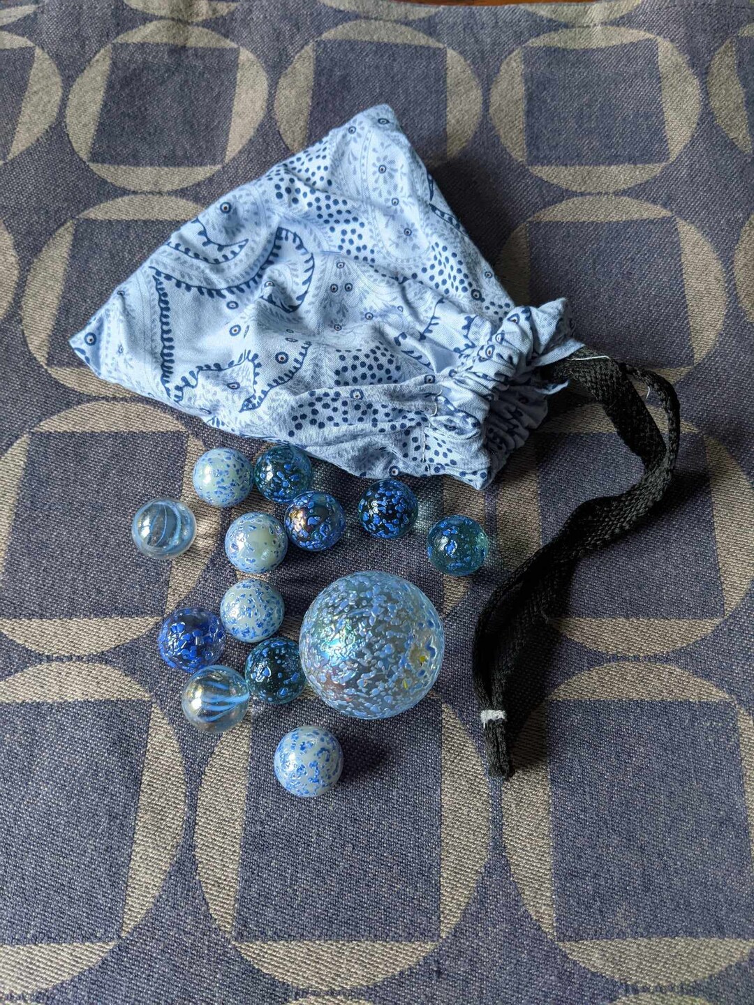Vintage Glass Marbles One Large Shooter And 12 Small Blue Mixed Marbles Marbles In Hand Made