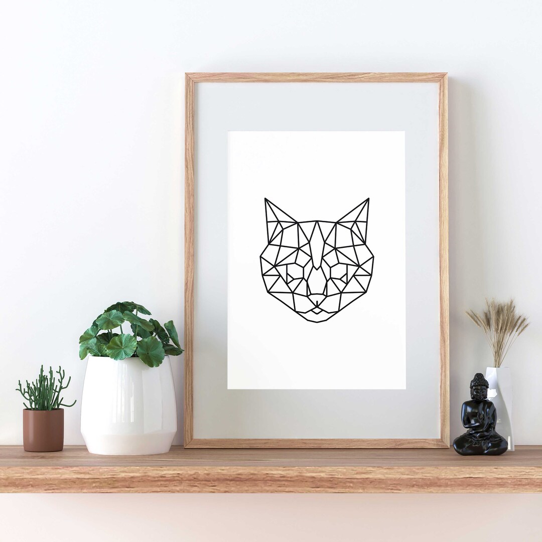 Geometric Cat - A4 Print, Minimalist Line Art, Modern Gold, Metallic ...