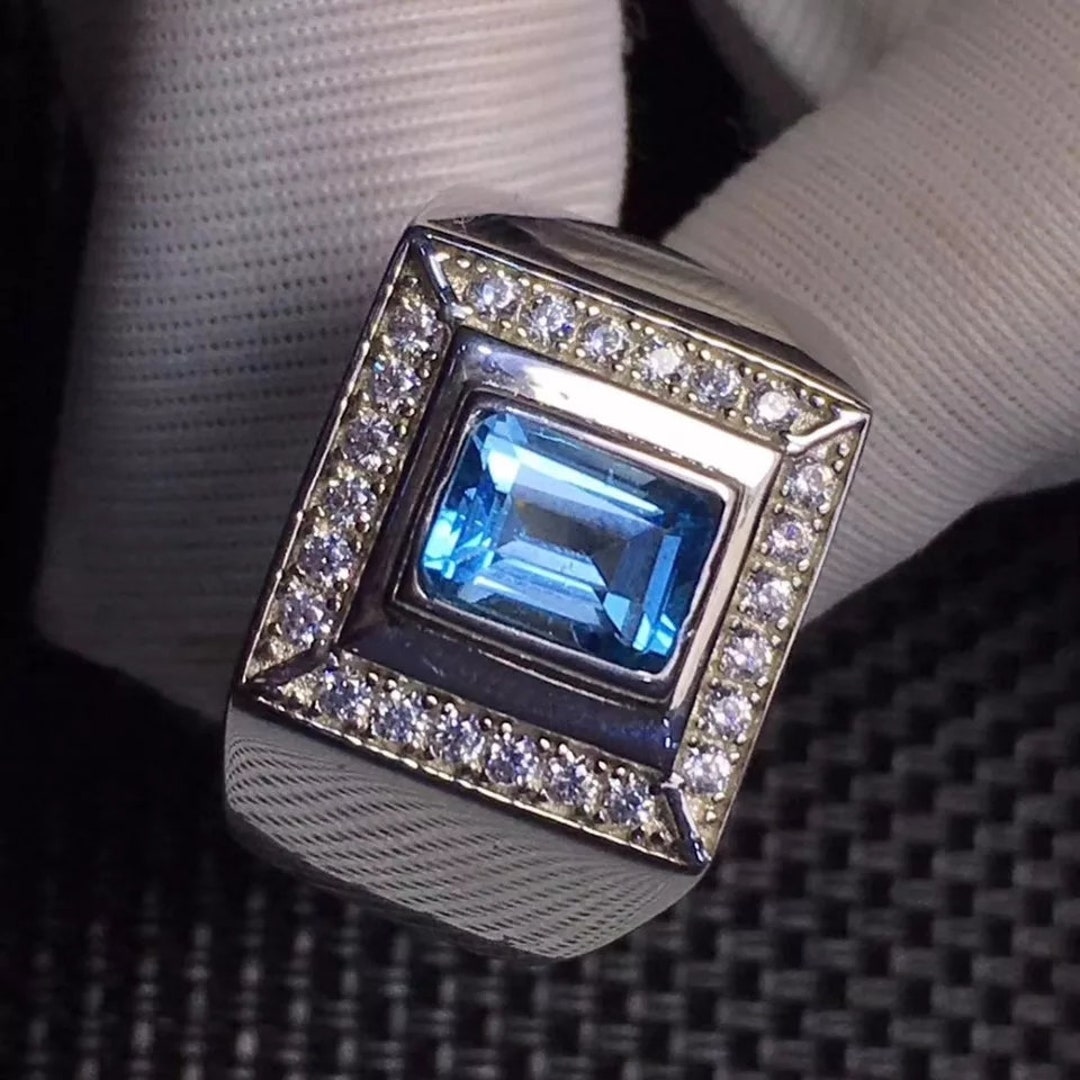 Stunning Men's Ring, Blue Topaz Ring, 925 Sterling Silver Ring, Big ...