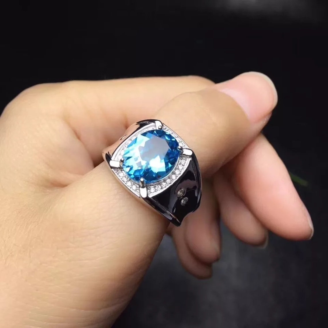 Stunning Men's Ring Blue Topaz Ring 925 Sterling Silver | Etsy