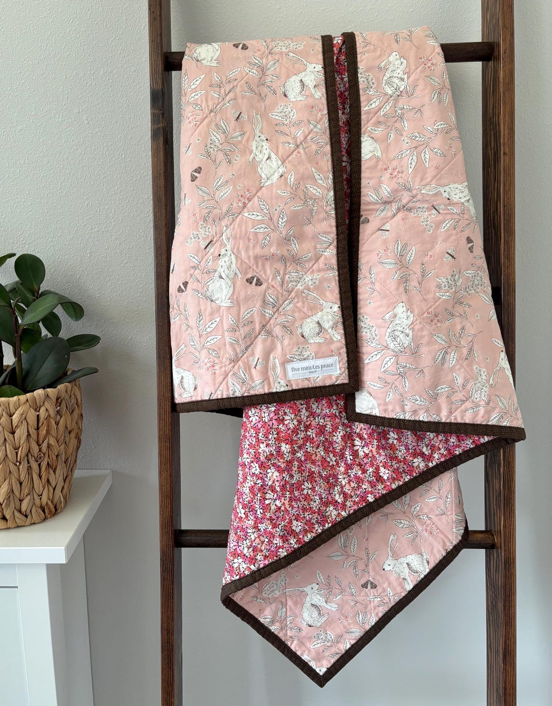 Pink Bunny Baby Blanket | Rabbit Baby Quilt | Pink & Brown | Woodland ...