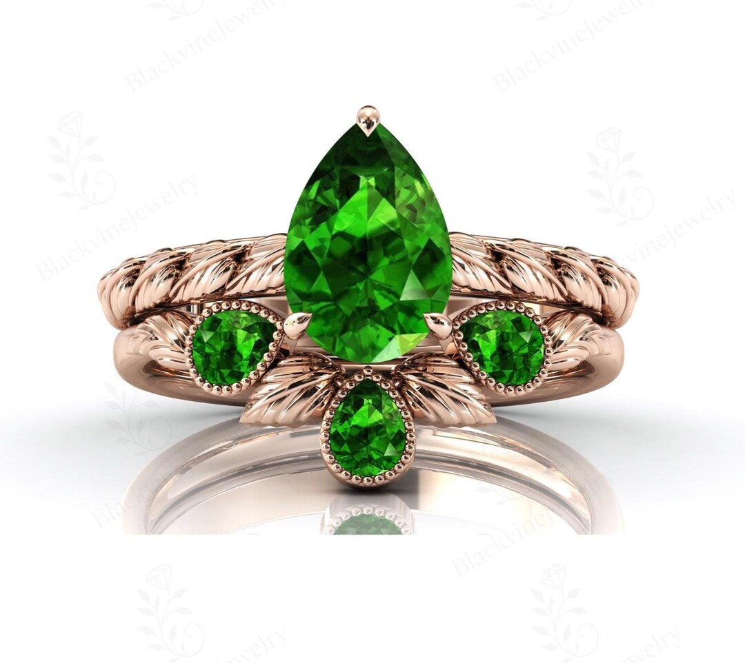 Vintage Tsavorite Garnet Engagement Ring Set Antique Leaf Design ...
