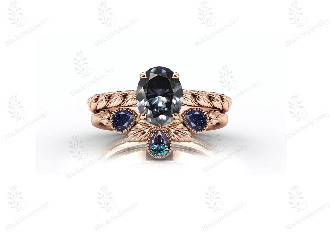 Vintage Grey Spinel Ring Set for Women 925 Silver Grey Gemstone 2 Pcs ...
