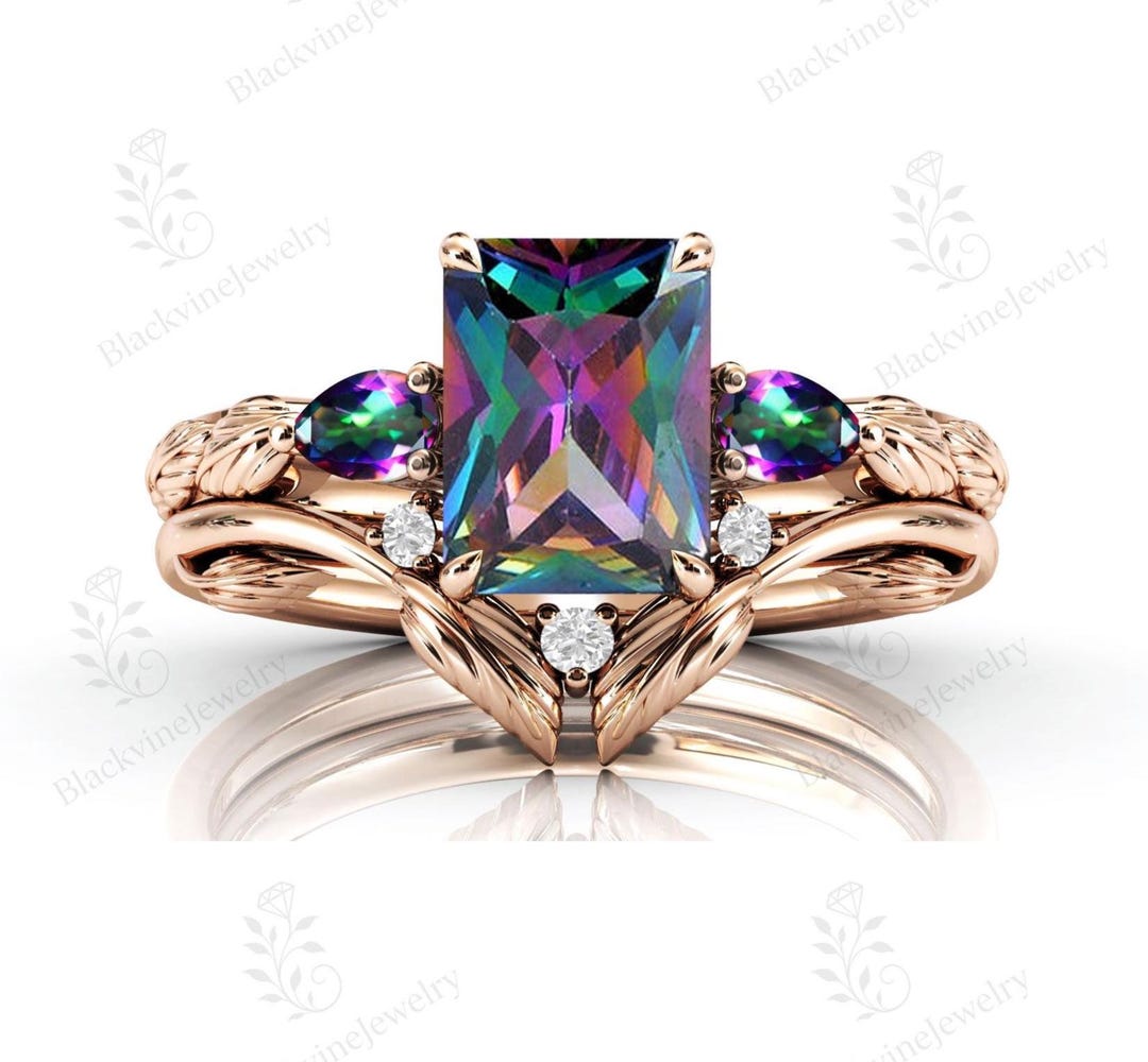 Bio Color Mystic Topaz Engagement Ring Set Art Deco Emerald Cut Topaz ...