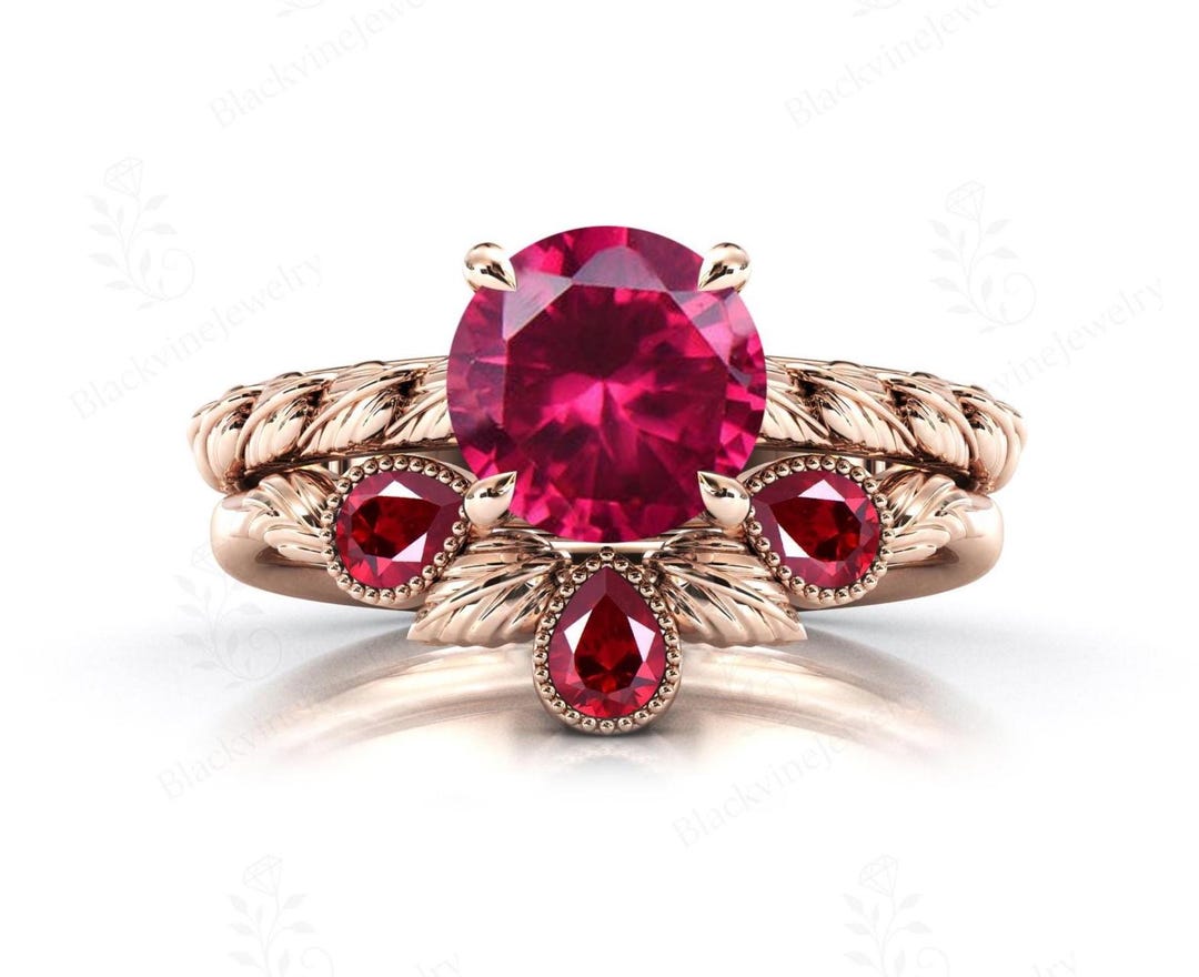 Vine Leaf Design Ruby Engagement Ring Set for Women Antique Leaf Style ...