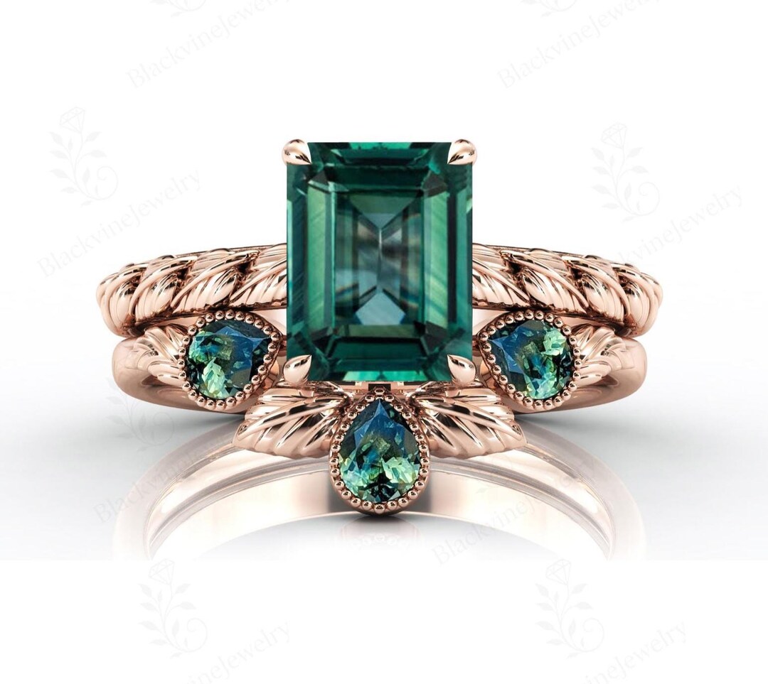 Color Changing Teal Sapphire Engagement Ring Set Emerald Cut Sapphire ...