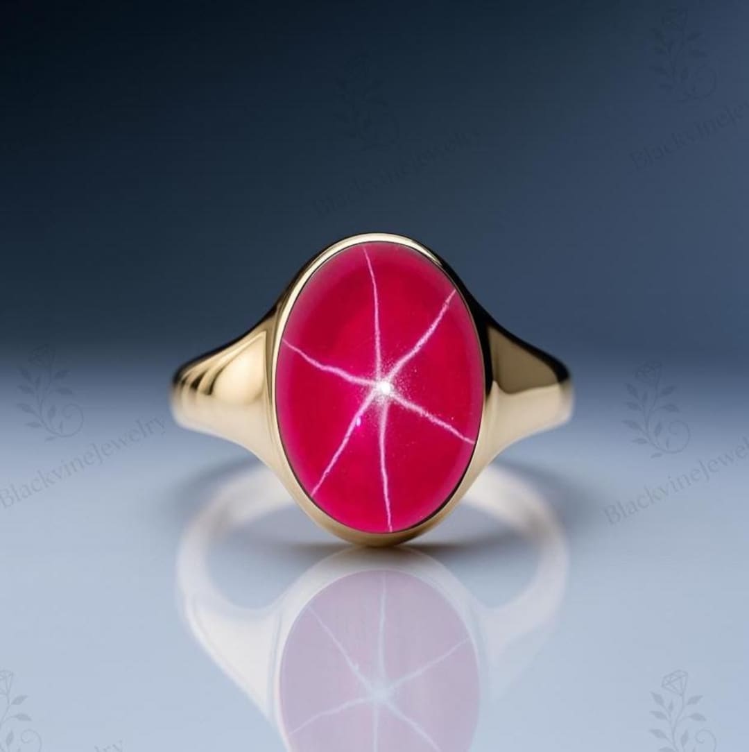 Star Ruby Signet Ring for Women Oval Cut Star Ruby Gemstone Ring 925 ...