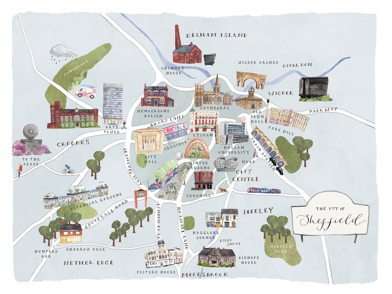 Map of Sheffield Illustrated Art Print Available With | Etsy UK