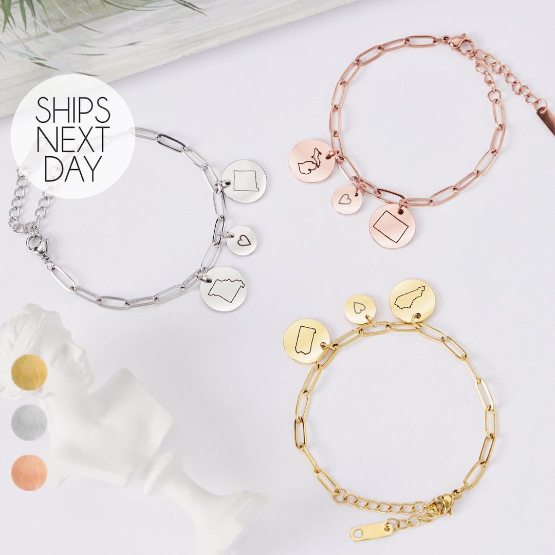 Custom State Charm Paperclip Bracelet for Long Distance Friendship ...