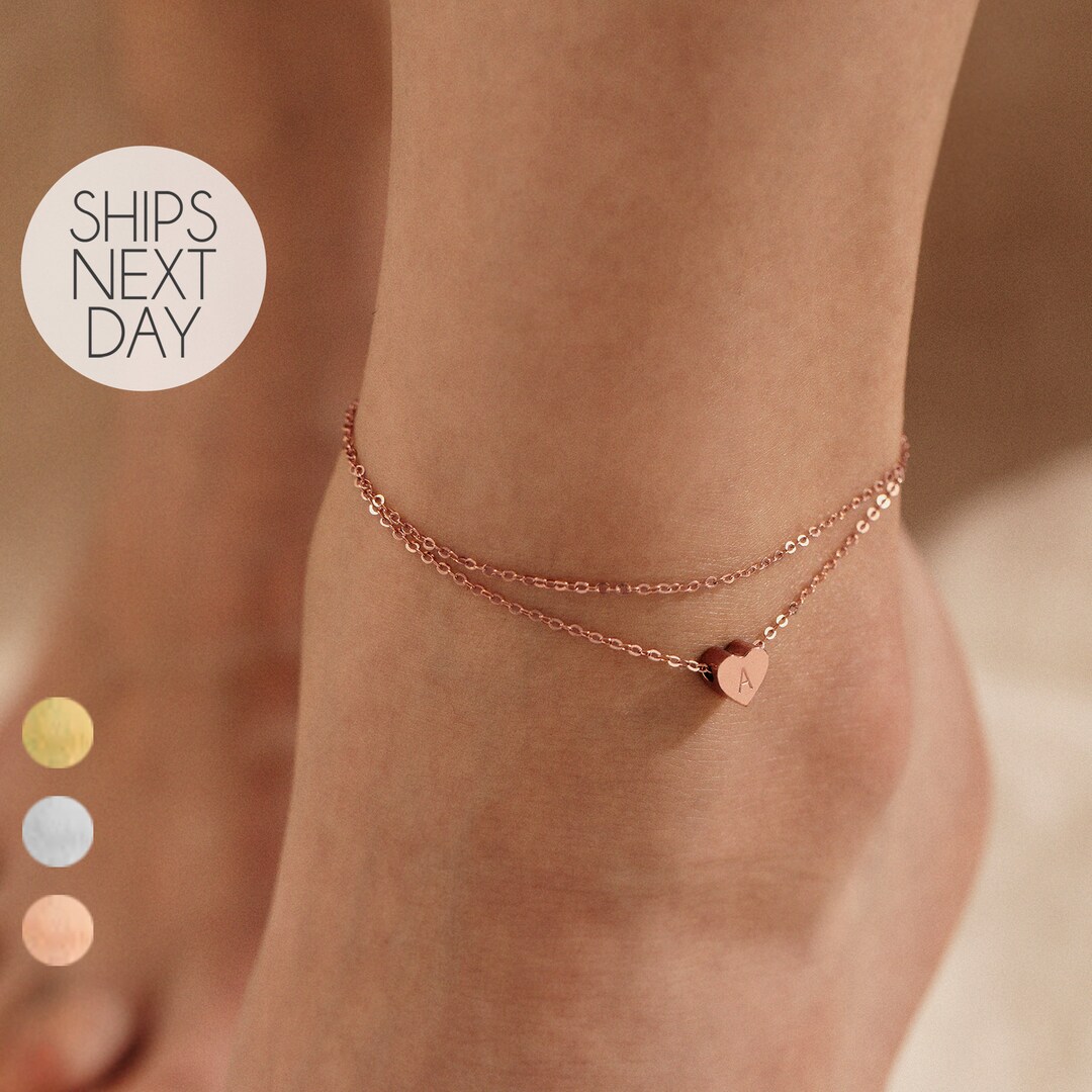 Custom Initial Anklets With Heart Charm Ankle Summer Jewelry Gift for ...
