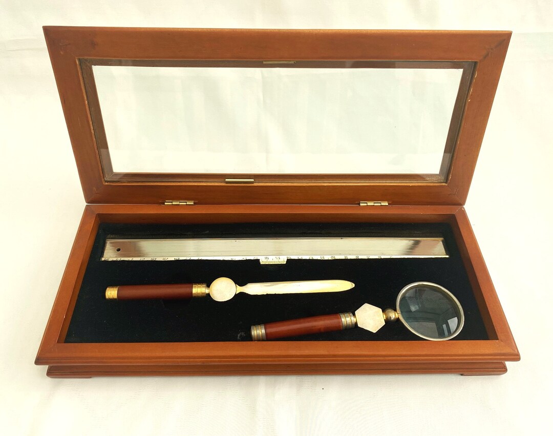 Wooden and Brass Magnifying Glass, Ruler and Letter Opener Boxed Gift ...