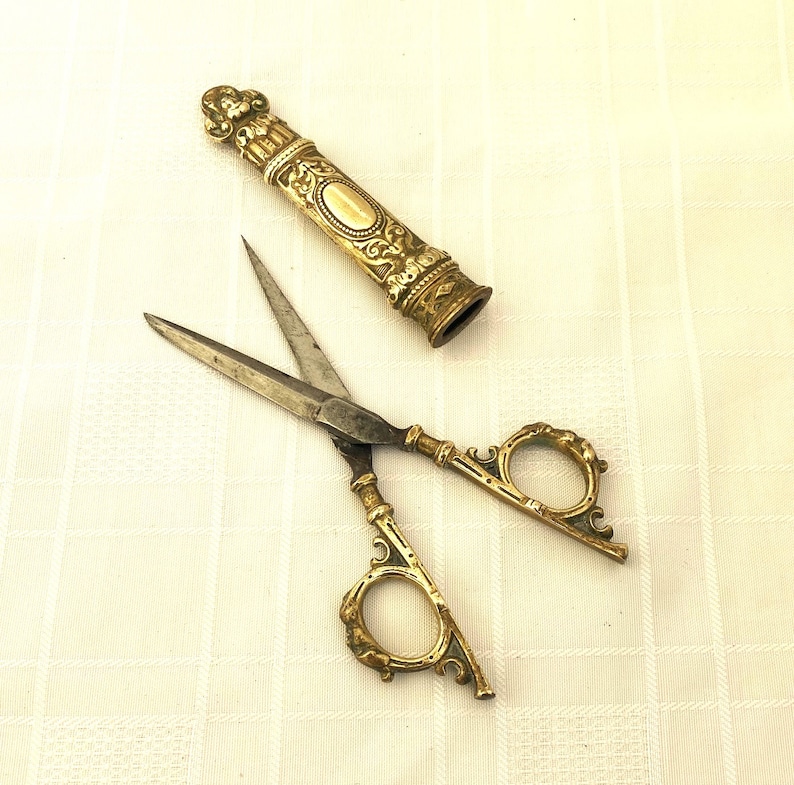 Victorian Antique Embroidery Ornate Brass Handles Scissors & Matching ...