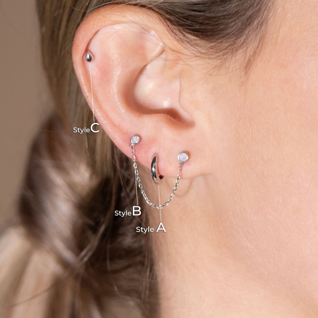 Opal Flat Back and White Gold Cartilage Hoop Earring Set Cartilage Stud ...