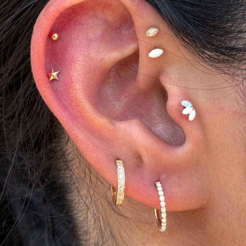 Opal Pavé Clicker Huggie Hoop Earring in 14K Solid Gold, Dainty ...
