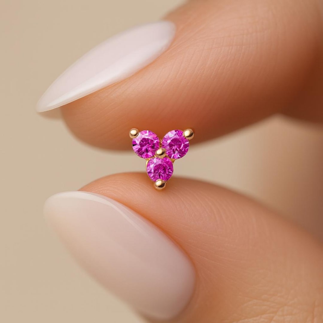 Trinity Ruby Pink Earring, Cartilage Tragus Helix Piercing, 14k Yellow ...
