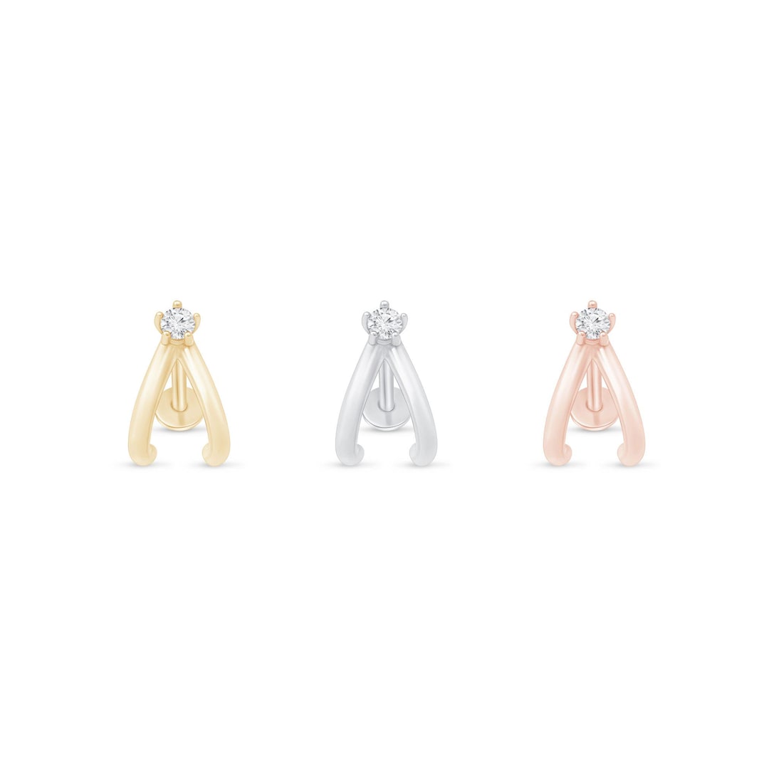 Solid 14k Gold Diamond Curved Helix Stud, Labret Flat Back Earring ...
