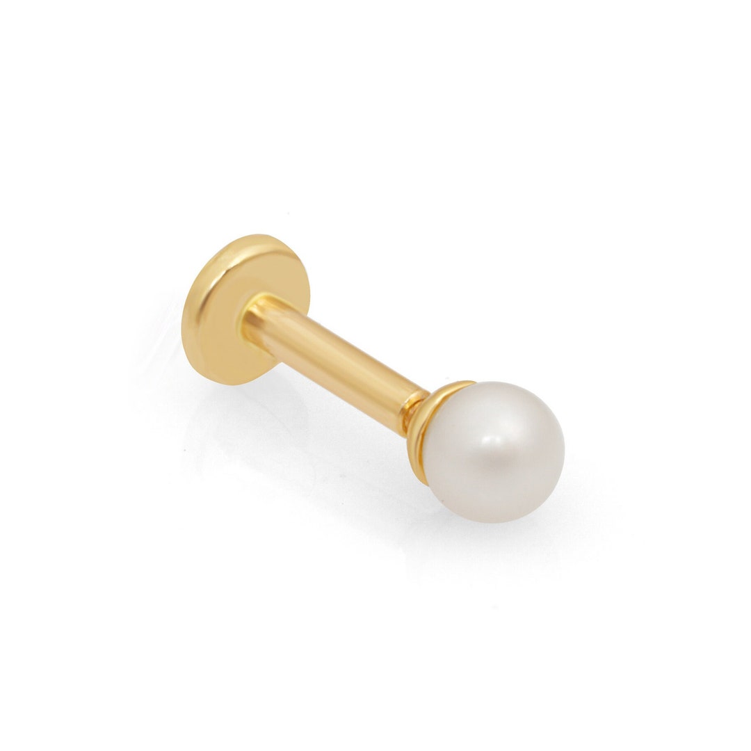 Solid Gold Pearl Earring for Helix and Tragus Piercing, Gold Pearl ...