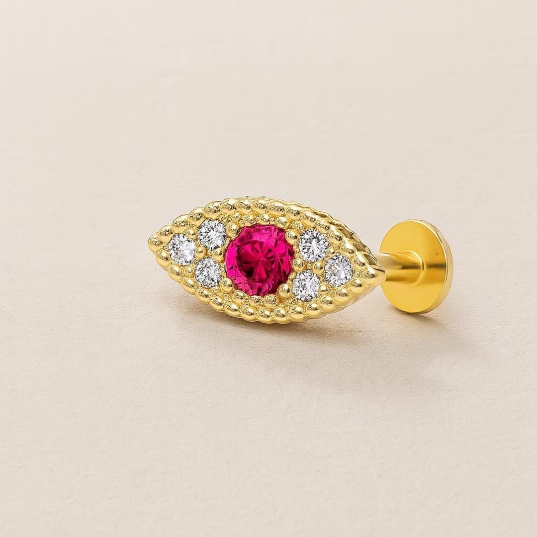 Solid 14K Gold Evil Eye Cartilage Stud With Pink Ruby Center ...