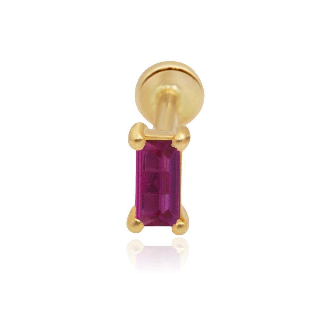 Baguette Ruby Helix Earring in 14K Gold Internally Threaded Flat Back ...