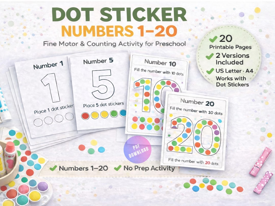 Dot Sticker Counting Worksheets 1-20 | Preschool Math Activities | Fine ...