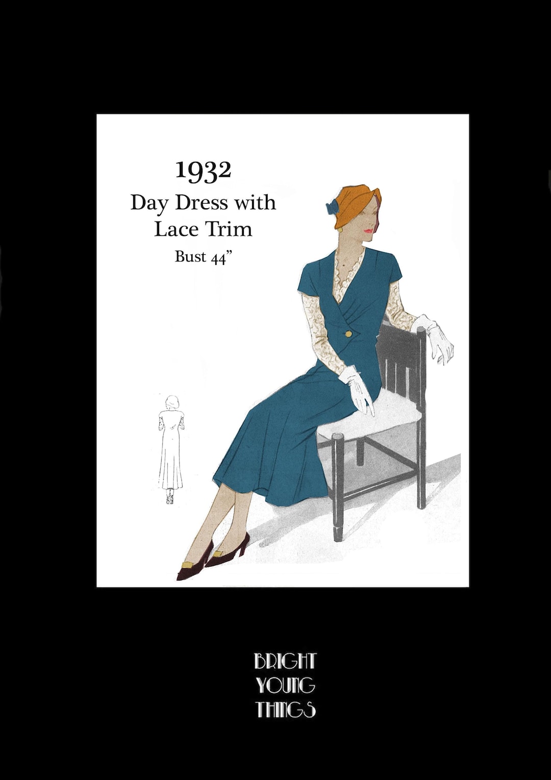 1932 Art Deco Day Dress Sewing Pattern: Lace Trim, Bust 44 (PDF Pattern ...