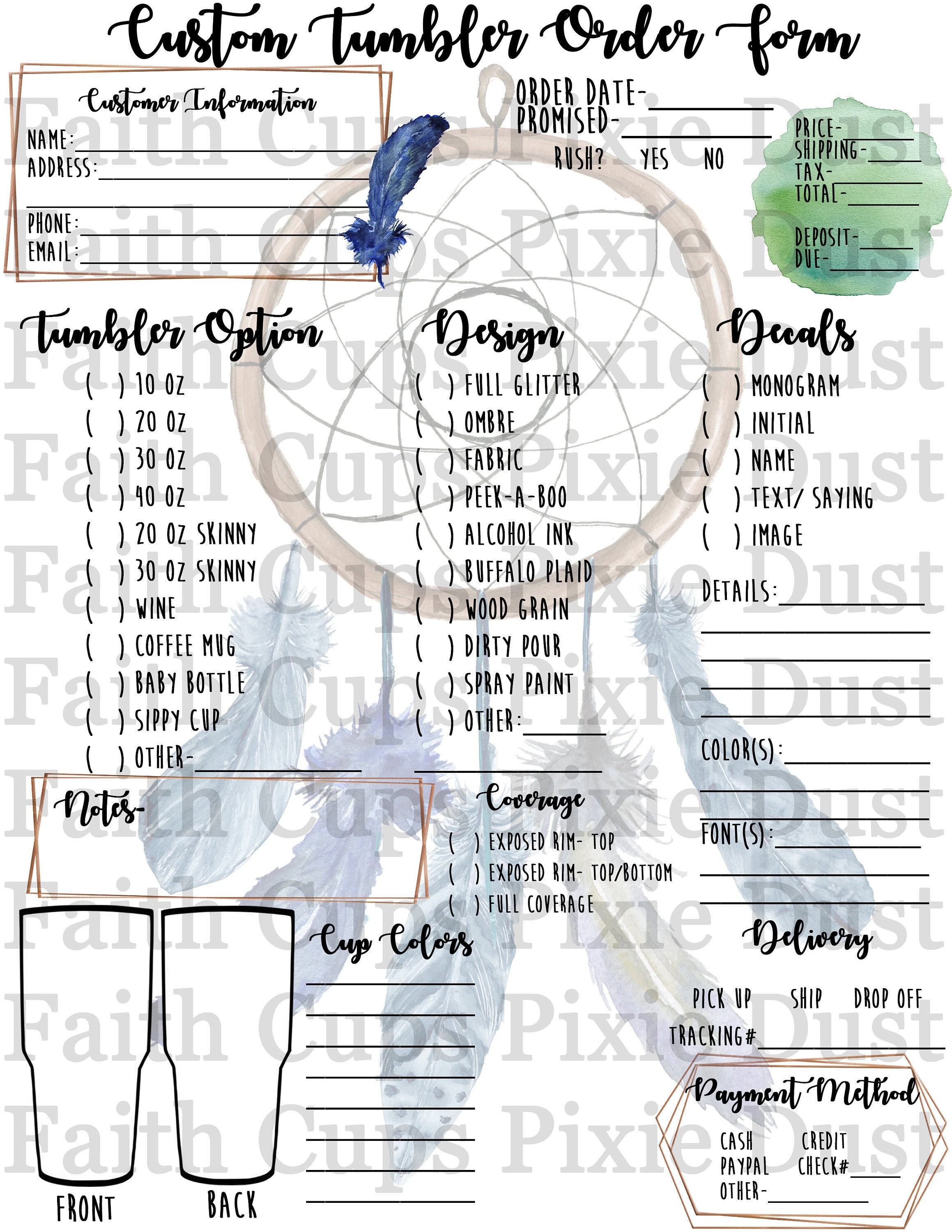 Boho- Custom Tumbler Order Form- JPG and PDF- BONUS Matching Care Card ...