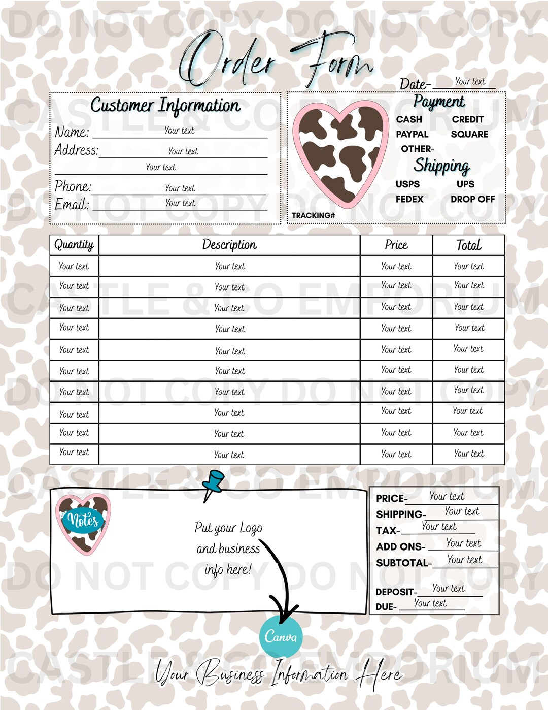Western Cow Print GENERAL Order Form- Sweet and Sassy! PNG and Editable ...