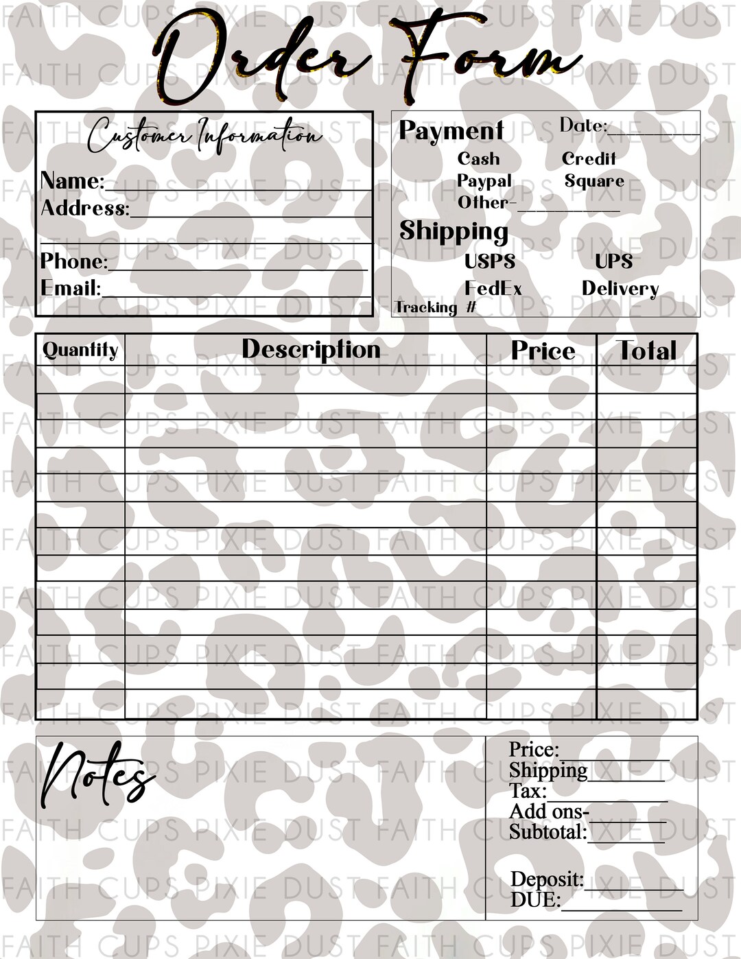 Boho Leopard GENERAL Order Form- Sweet and Sassy! PDF and JPG Files ...