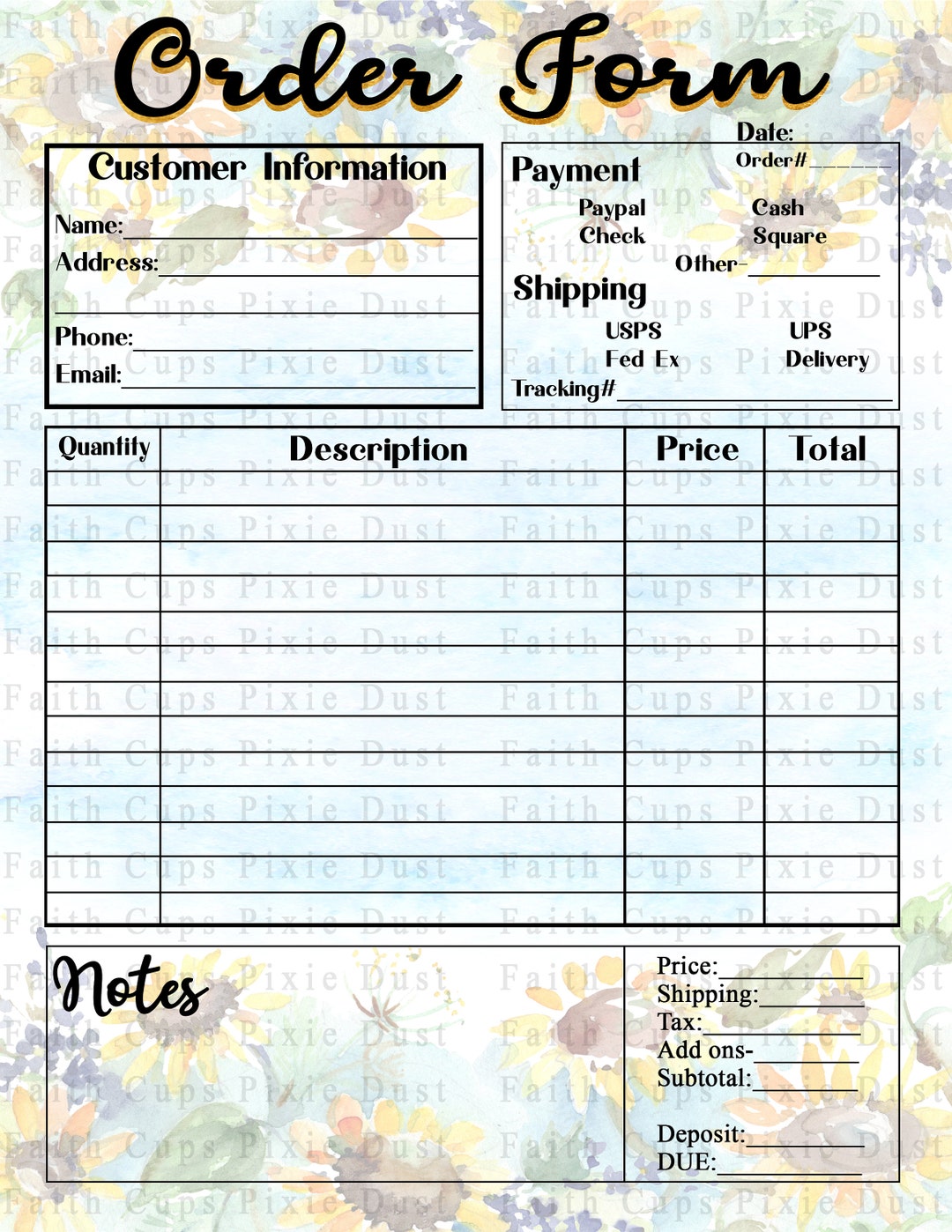 NEW!!! Sunflower General Order Form - Etsy