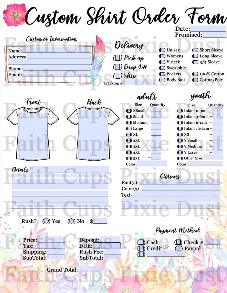 Floral- Custom T-shirt Order Form- JPG and PDF - Etsy