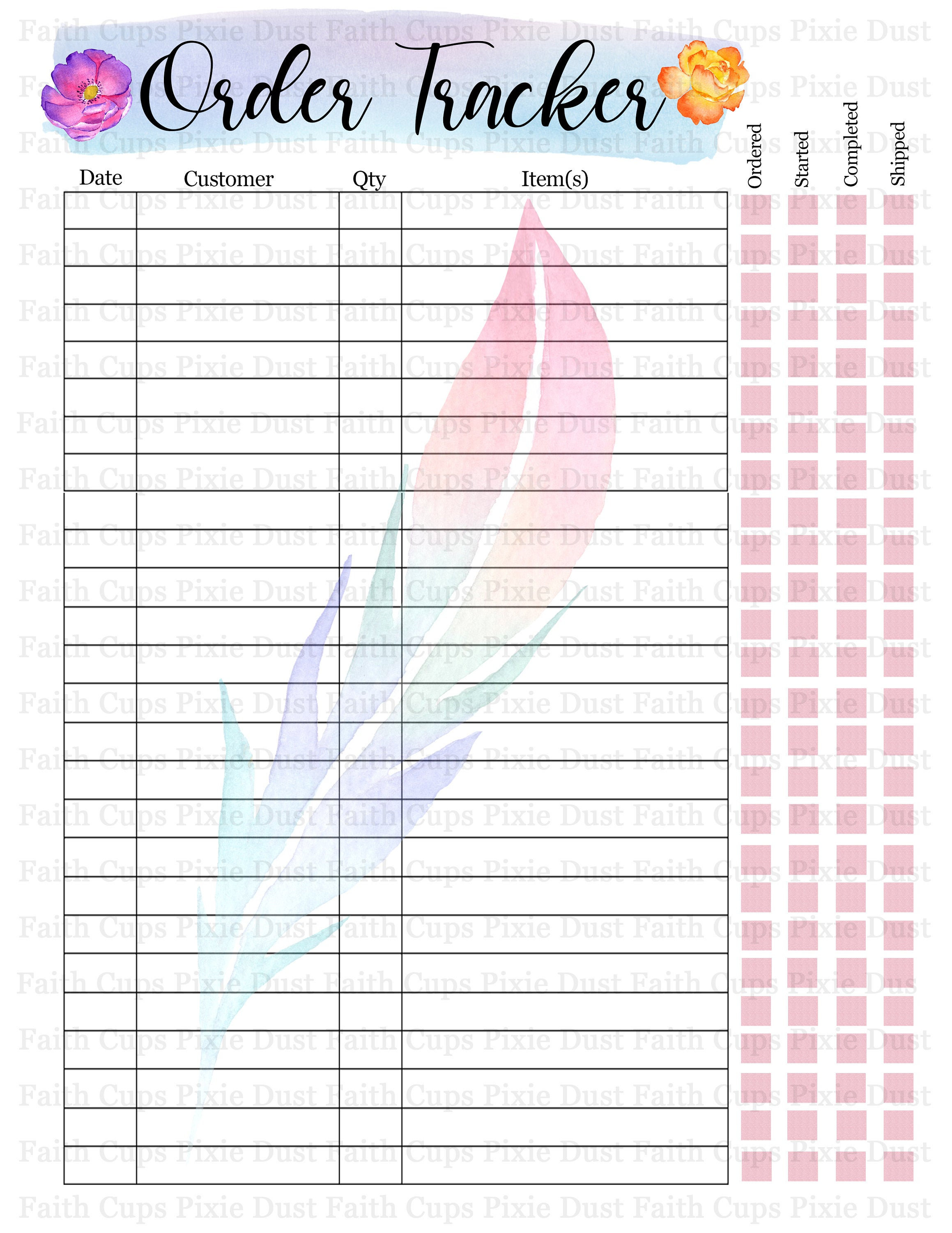 Floral Order Tracker Form for Tumblers, Tshirts, Craft Fair, Small ...