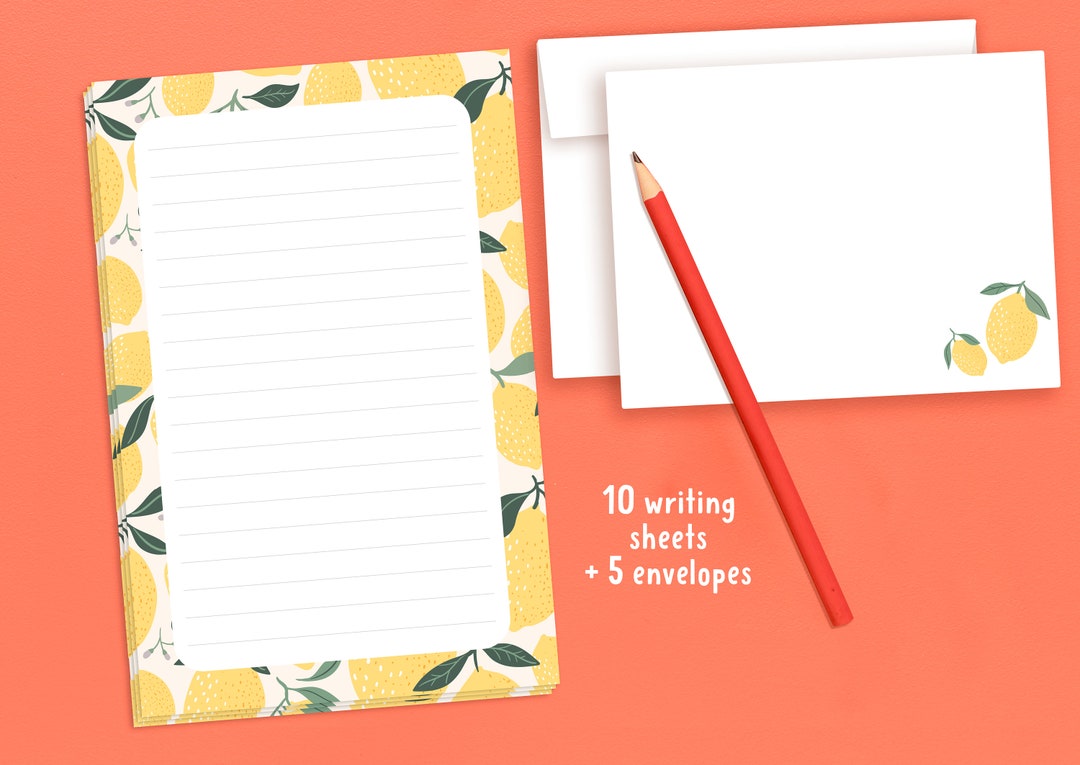 Yellow Lemon Stationery Set - Retro Letter Writing Paper, 10 Sheets & 5 ...