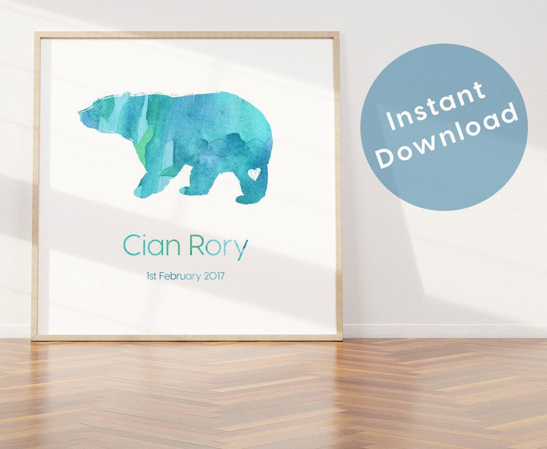 Watercolour Bear Name Digital Print, Instant Download, Printable ...