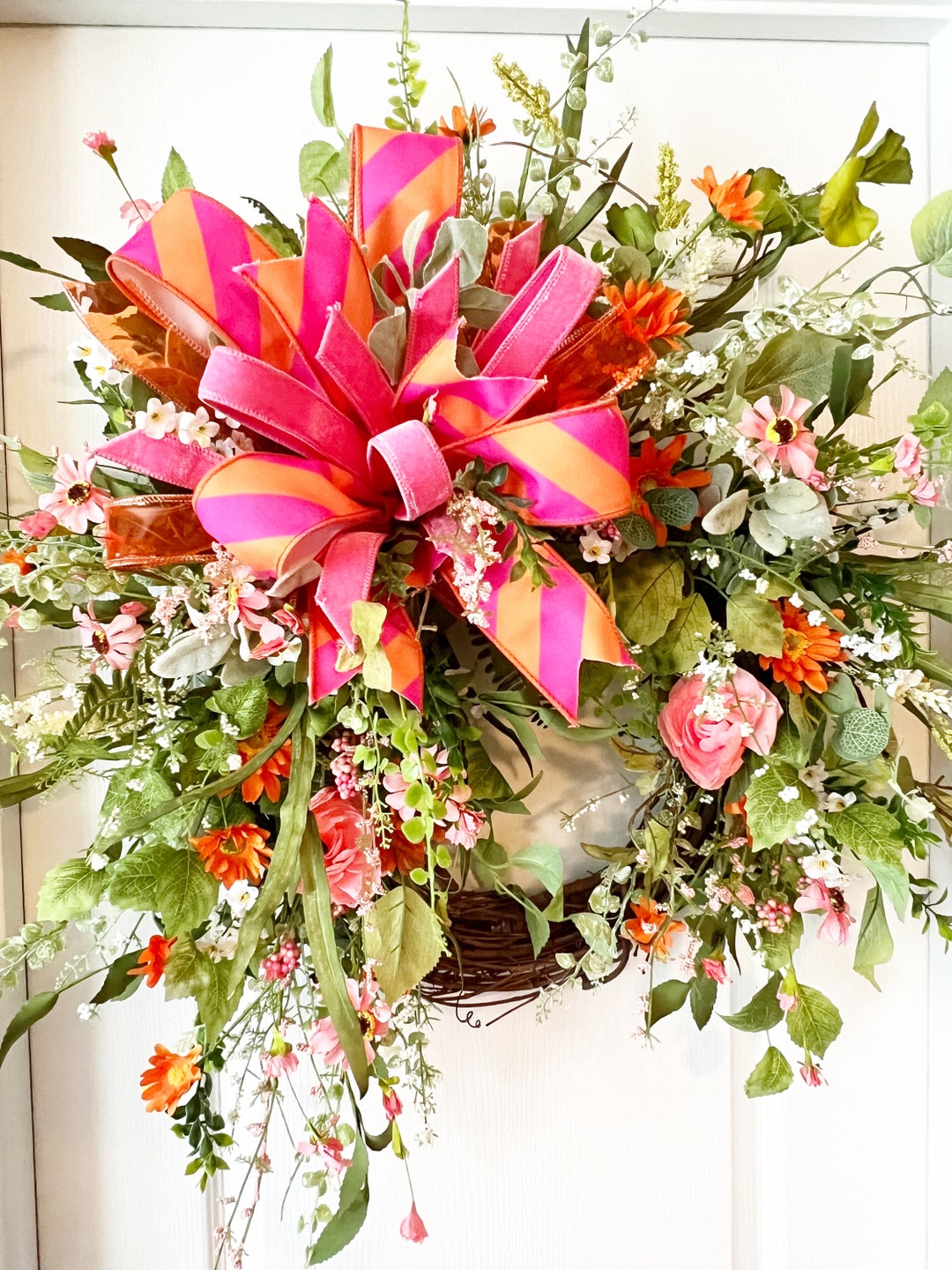 Summer Wreath, Orange and Pink, Summer Door Wreath, Wreath for Summer ...