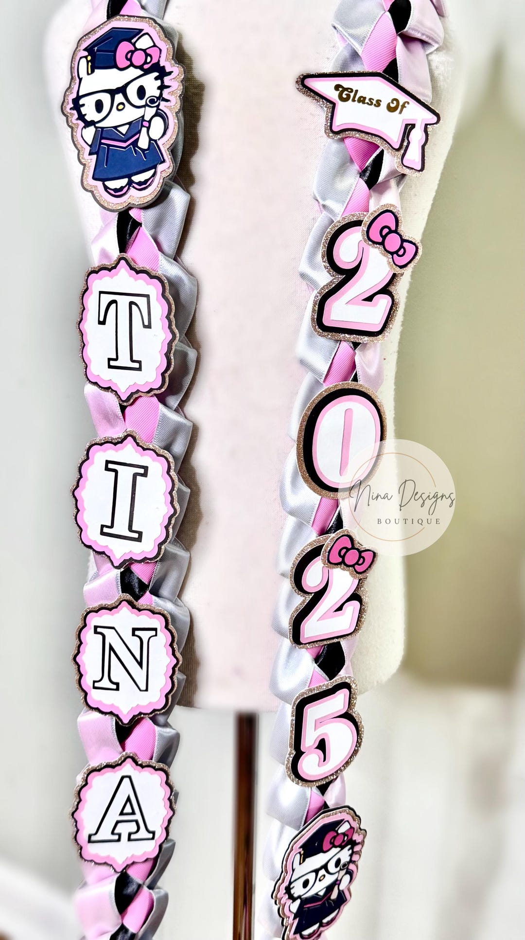 Graduation Lei, Pink Graduation Lei, Ribbon Lei, Black White and Pink ...