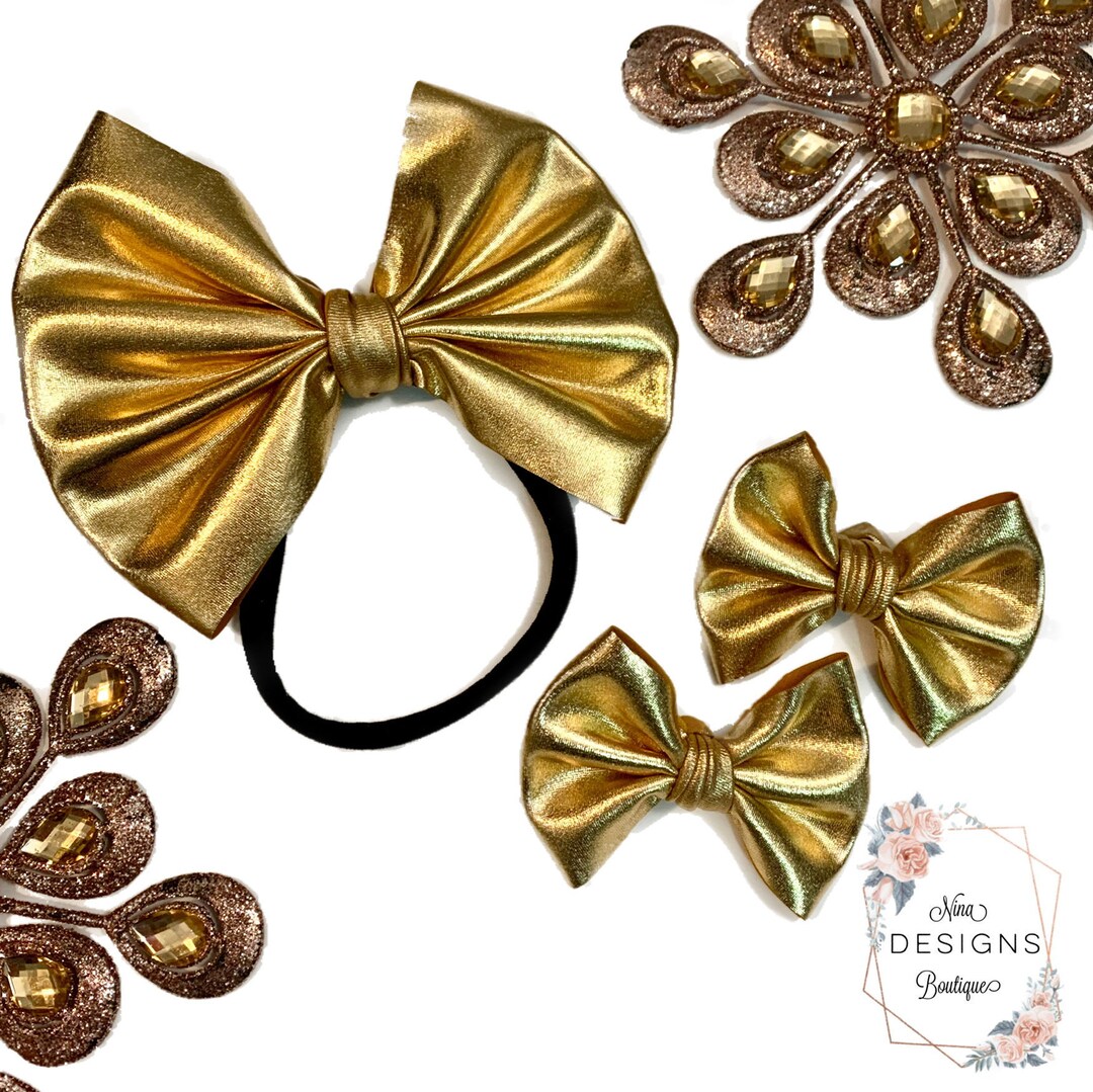 Metallic gold bow, pleather bows, holiday bows, piggy sets, hand tied ...