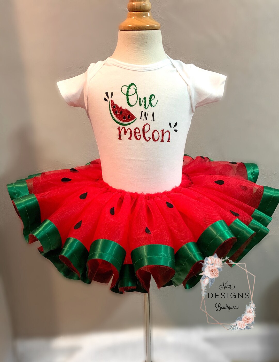 One in a Melon Tutu Set, Ribbon Trimmed Tutu, Watermelon Tutu Set ...