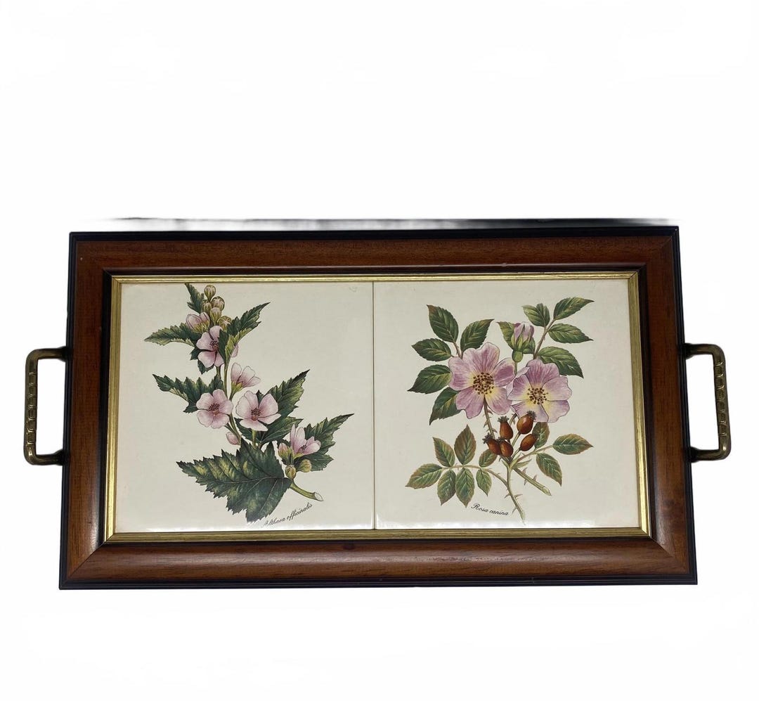 Vintage Floral Ceramic Tile Serving Tray With Wooden Frame and Brass ...