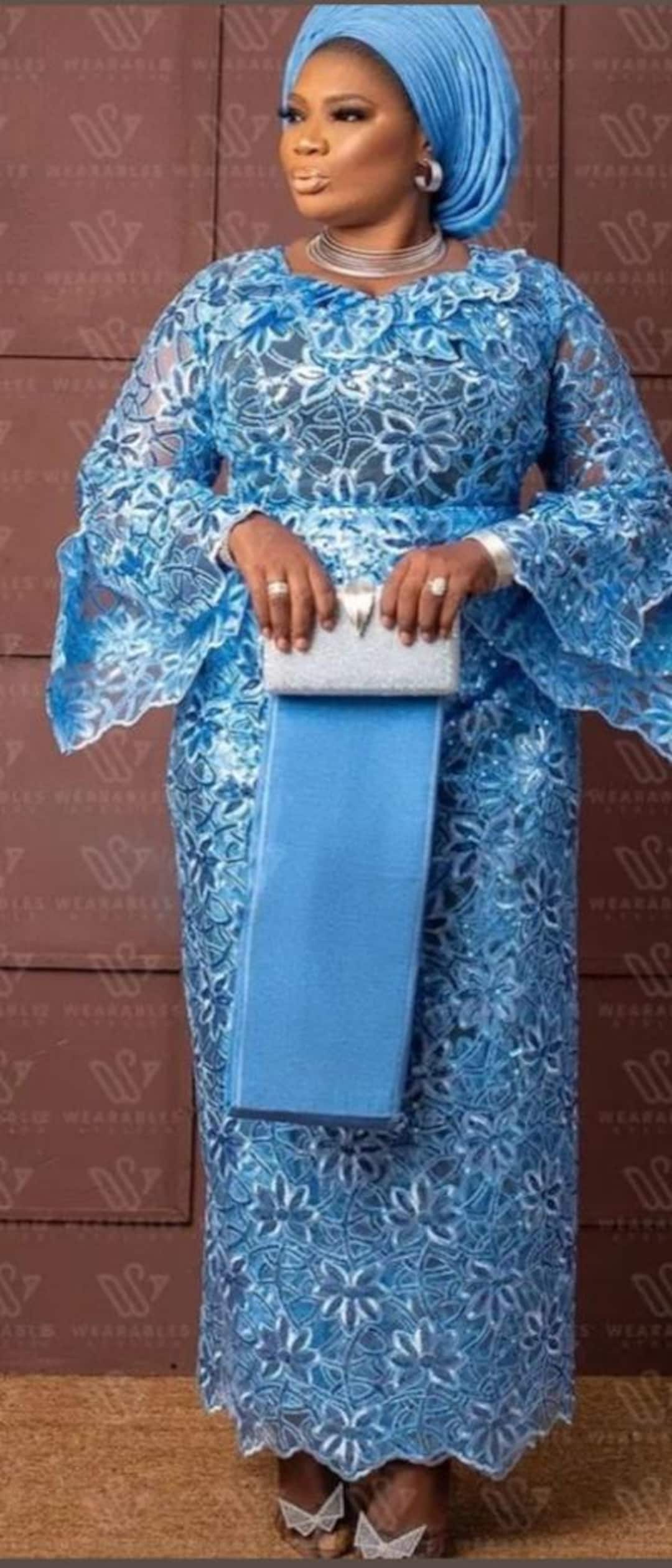 Classic Skye Blue With Rose Gold Yoruba Women Buba Top Iro Wrapper Gele ...