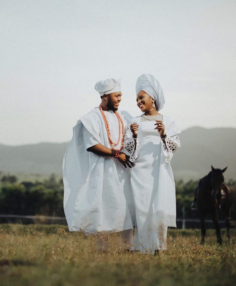 Handmade White & Gold Aso Oke Wedding Outfits: Traditional Nigerian ...