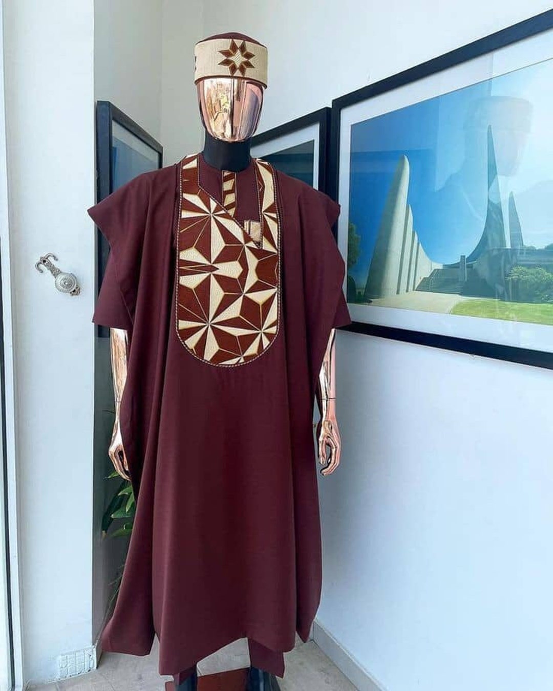 Luxury African Wine Color Agbada For Men Traditional Nigerian Wedding