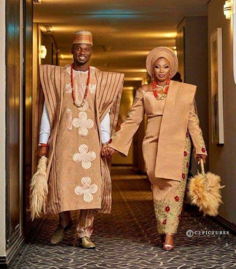 Matching Wedding Outfit Traditional Aso Oke Wear White & Gold - Etsy