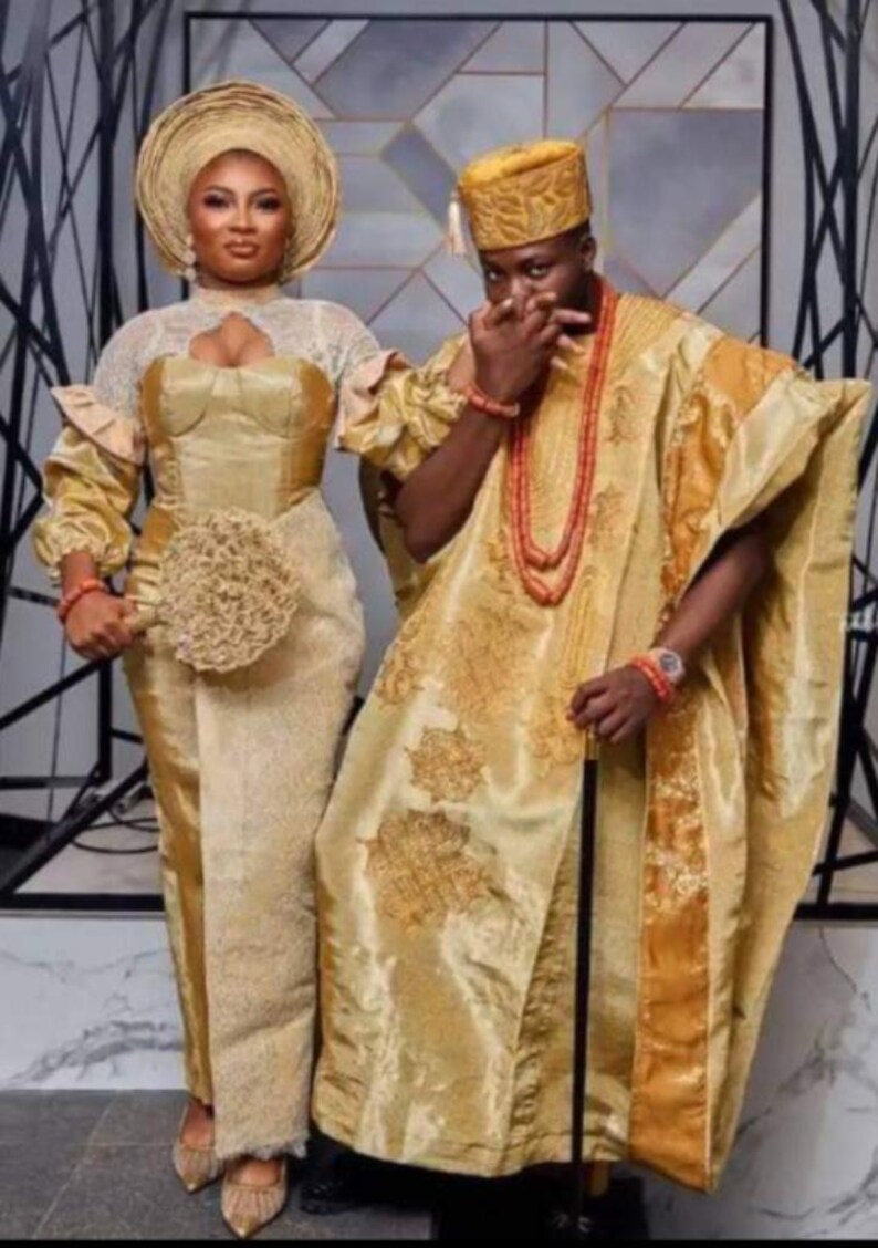 Matching Wedding Outfits Traditional Aso Oke Ofi Wears White and Gold ...