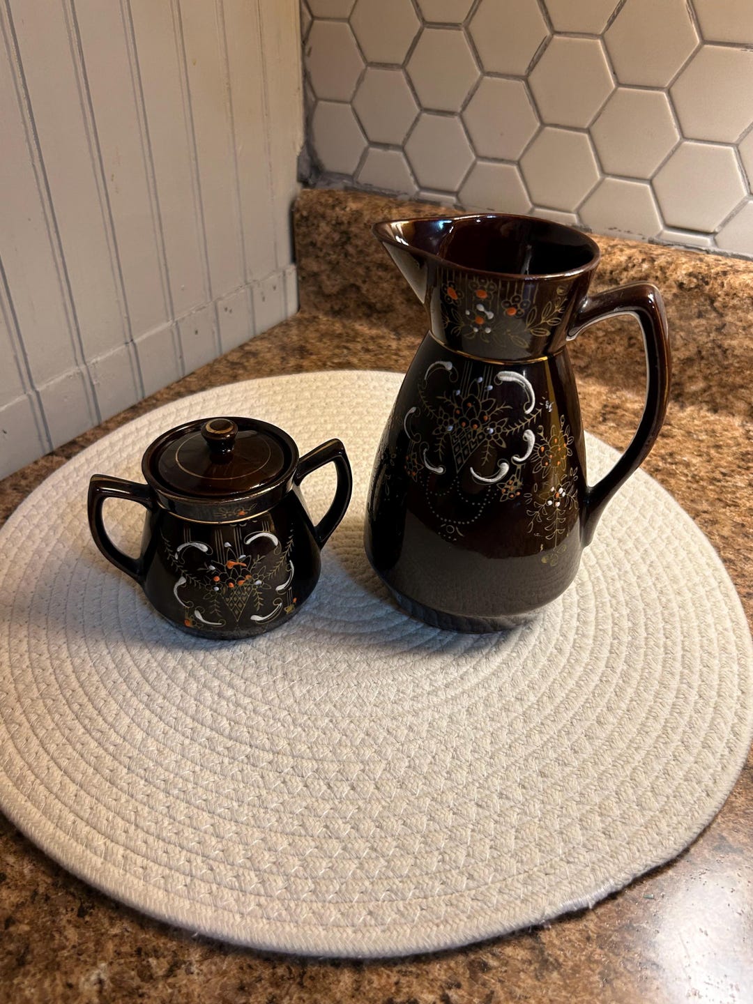 Vintage Redware Pitcher and Sugar Bowl Set: Hand-painted Floral Motif ...