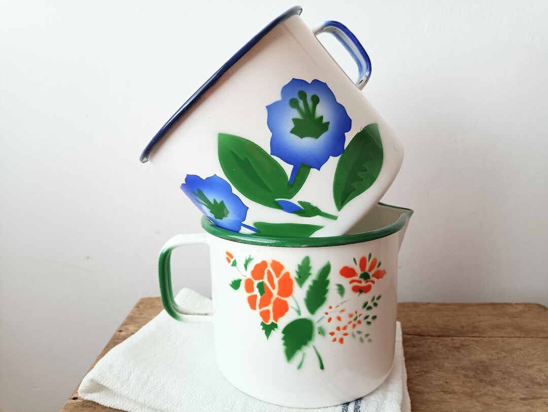 Vintage Enamel Pot, Enamel Pot Jug, White Blue Enamel, Enamel Cookware ...