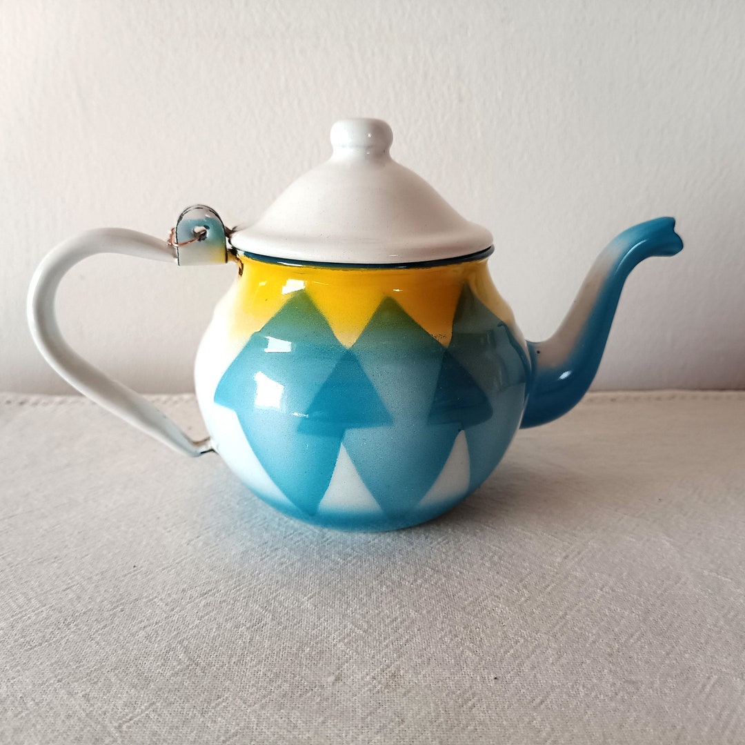 Vintage Enamel Teapot Emo Yugoslavia, Emo Yugoslavia, Blue Yellow ...